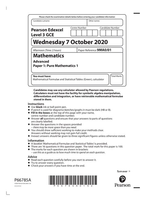 pearson edexcel further mathematics 9ma0 01 mark scheme 2020 pure