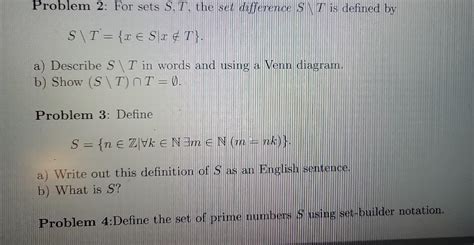 Solved Problem 2 For Sets S T The Set Difference SNT Is Chegg Com
