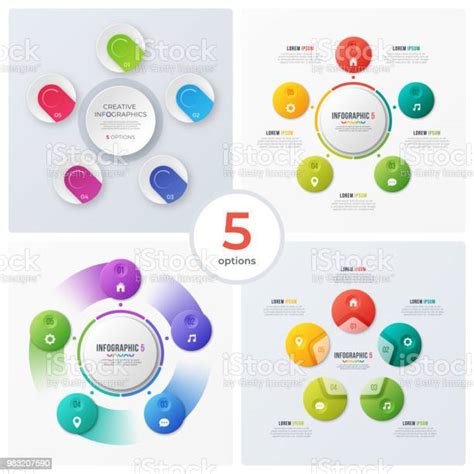 현대 원형 차트 Infographic 디자인 시각화 템플릿 5 옵션으로 설정 합니다 0명에 대한 스톡 벡터 아트 및 기타 이미지