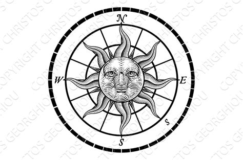 Compass Sun Face Etching Rose Photoshop Graphics ~ Creative Market