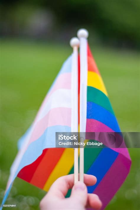 무지개 Lgbtqia 자부심 깃발과 트랜스 젠더 자부심 깃발을 함께 들고 손 대명사에 대한 스톡 사진 및 기타 이미지 대명사