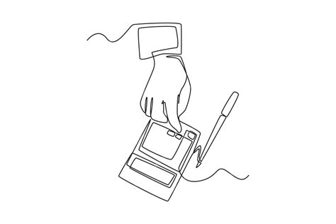 단일 선 그리기 손가락은 계산기 버튼과 펜 세금 개념에 닿습니다 연속 선 그리기 디자인 그래픽 벡터 그림 프리미엄 벡터
