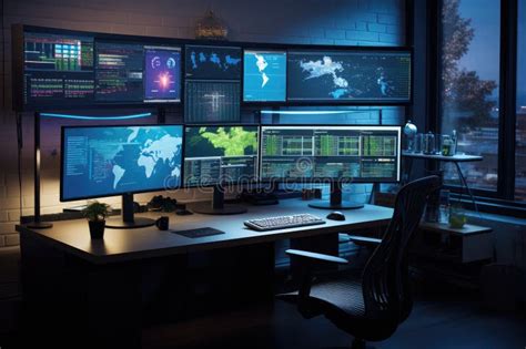 Multi Monitor Cybersecurity Analyst Workstation Monitoring System With Multiple Screens Stock