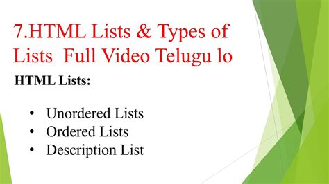 Html List Tags Tutorial In Telugu Ordered Unordered And Description Lists Explained Youtube