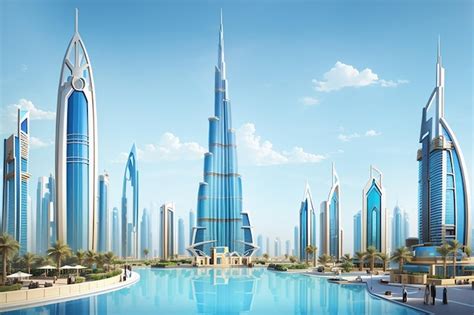 두바이 Uae 도시 풍경 건축 일러스트레이션 프리미엄 사진