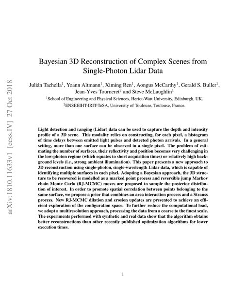 Pdf Bayesian 3d Reconstruction Of Complex Scenes From Single Photon Lidar Data