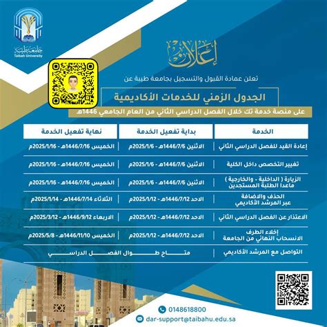 🔹️تُعلن عمادة القبول والتسجيل بـ ⁧‫جامعةطيبة‬⁩ عن مواعيد إتاحة