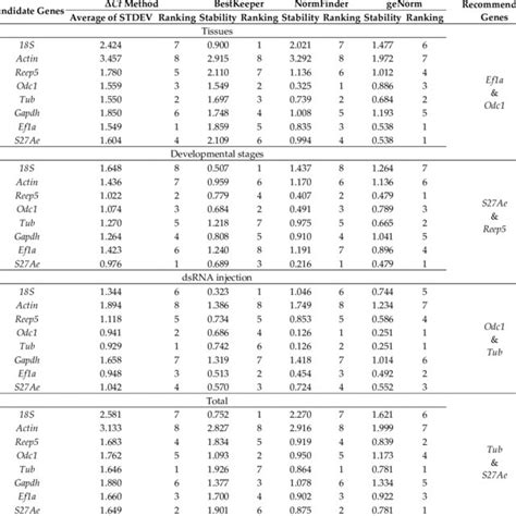 Ranking Of Candidate Reference Genes According To Different Algorithms