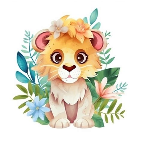 Un león de dibujos animados con flores y hojas en la cabeza ai