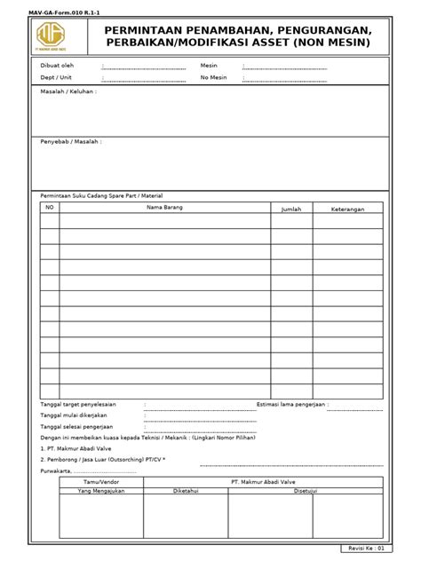 Mav Ga Form 010 R 1 1 Form Permintaan Penambahan Pengurangan Perbaikan Atau Modifikasi Asset