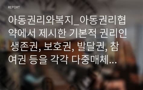 아동권리와복지아동권리협약에서 제시한 기본적 권리인 생존권 보호권 발달권 참여권 등을 각각 다중매체 등 구체적인 사례를