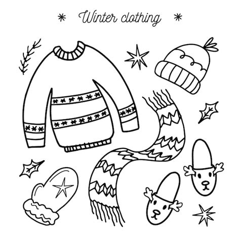 Conjunto de contorno desenhado à mão de roupas de natal festivo suéter