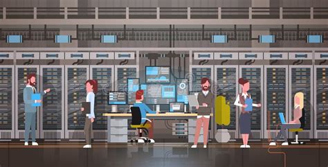 People Working In Data Center Room Hosting Server Computer Monitoring Information Database Stock