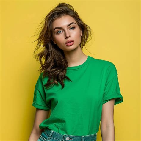 A Woman In A Green Shirt Stands In Front Of A Yellow Background