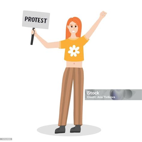 여성 시위 화난 소녀는 배너를 들고 주먹을 들어 올린다 항의 민주주의 권리의 개념 시민 저항 손으로 그린 벡터 만화 그림입니다 여성 커뮤니티 논증 Revolution에 대한
