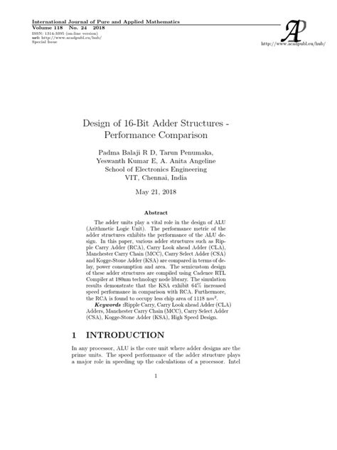Design Of 16 Bit Adder Structures Performance Comparison Pdf Electronic Circuits