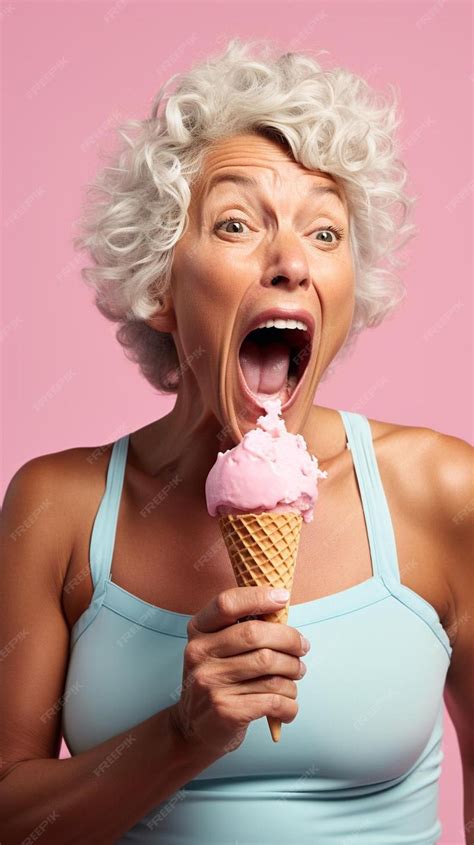 Premium Photo A Woman Eats Melting Ice Cream And Licks Her Fingers On