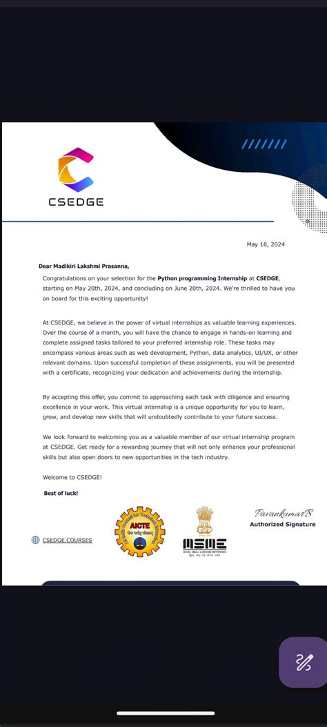madikiri lakshmi prasanna on linkedin i got offer letter from csedge