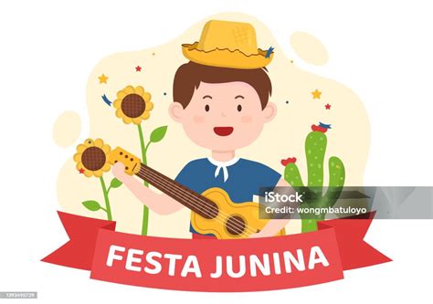 Festa Junina 또는 Sao Joao 축하 만화 일러스트 레이 션은 노래 춤 삼바 및 브라질에서 온 전통 게임을함으로써