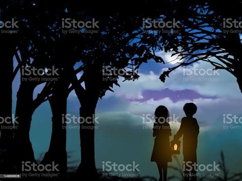 달빛과 깊은 안개가 자욱한 숲을 배회하는 램프를 들고 있는 형제와 겁에 질린 자매의 컷아웃 스타일의 흑백 판타지 그림 헨젤과