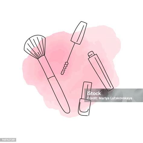 뷰티 살롱 로고입니다 메이크업 또는 미용 스튜디오 속눈썹 연장 로고 다른 장비 선 요소 수채화 물방울 다양한 화장품 배지 벡터