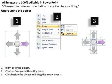 Arrows Diverging Actions Flow Diagram Stages Circular Layout Chart PowerPoint Slides