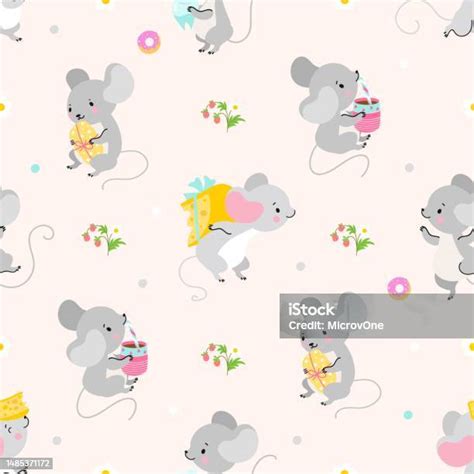 귀여운 마우스 원활한 패턴입니다 만화 재미있는 생쥐와 아기 패브릭 프린트 다양한 쥐 장식적인 유치한 생물 요즘 벡터 배경 귀여운에 대한 스톡 벡터 아트 및 기타 이미지