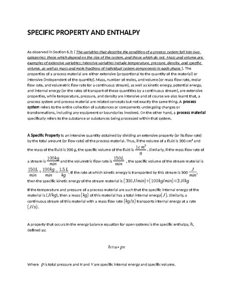 Specific Properties And Enthalpy Specific Property And Enthalpy As Observed In Section 6