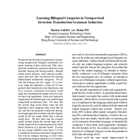 Unsupervised Learning Of Bilingual Categories In Inversion Transduction Grammar Induction Acl