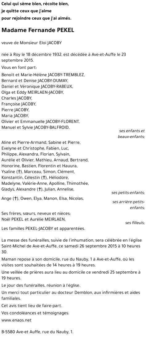 Avis De Décès De Fernande Pekel Décédé Le 23 09 2015 à Ave Et Auffe Annonce Condoléances