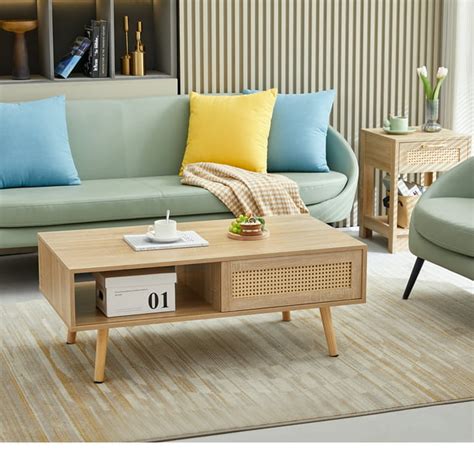Tansole Rattan Coffee Table With Sliding Storage Door Solid Wood Legs