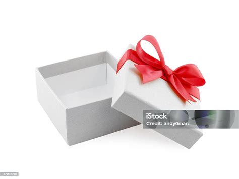 레드 리본 활 뚜껑 흰색 배경에 고립의 주위에 감싸인 열리고 빈 흰색 선물 상자 0명에 대한 스톡 사진 및 기타 이미지 0명