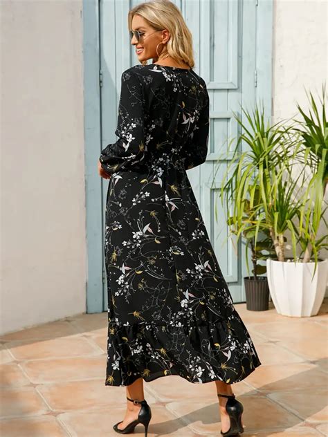 Floral Print Crew Neck Dress Casual Long Sleeve Dress Spring Temu