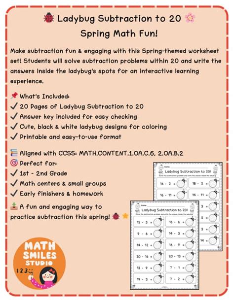 Ladybug Subtraction To 20 Fun Spring Math Worksheets 1st 2nd Grade
