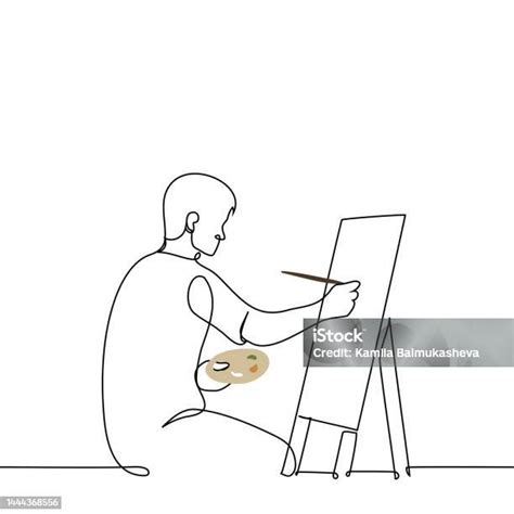 팔레트를 들고 이젤 앞에 앉아 붓으로 캔버스에 그림을 그리는 남자 한 선 그리기 벡터 그림을 그리는 과정에서 남성 예술가의 개념 미술 요법 미술 학교 색칠한 이미지에 대한