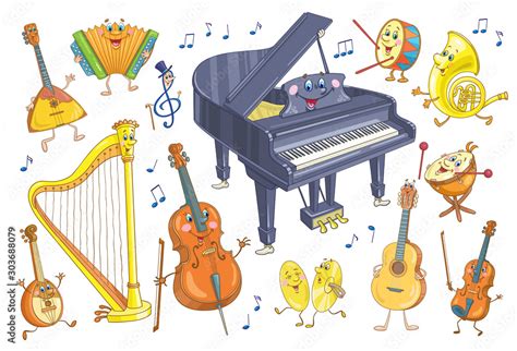 Set Of Funny Musical Instruments In Cartoon Style Isolated On White