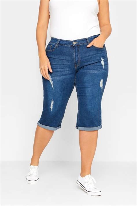 YOURS Denim Capri Short Met Distressed Effect In Blauw Yours Clothing