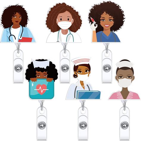 6 Pcs Black Girl Nurse Badge Holder Retractable Nurse