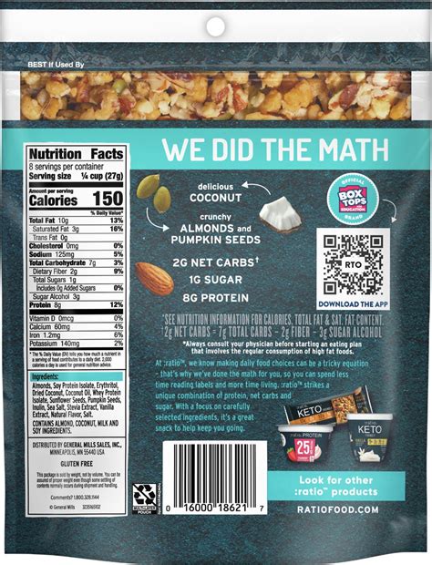 Ratio Keto Friendly Coconut Almond Granola Cereal 8 Oz Cereal Bag 8