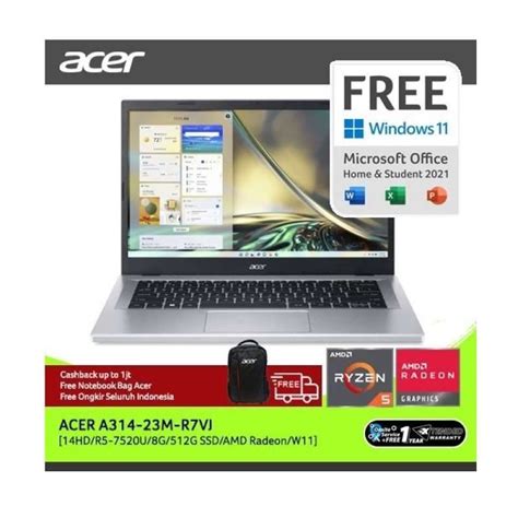 Jual Acer Aspire 3 A314 23m Ryzen 5 7520u 8gb 512gb Ssd W11 Ohs 14 Hd