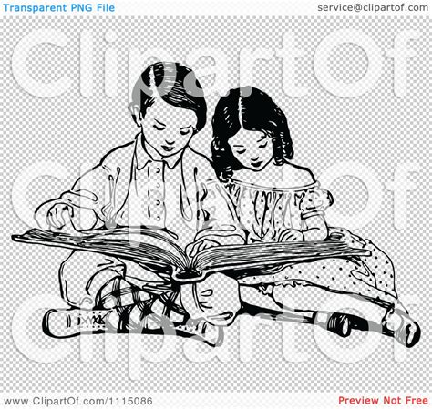 Clipart Vintage Black And White Brother And Sister Reading A Book