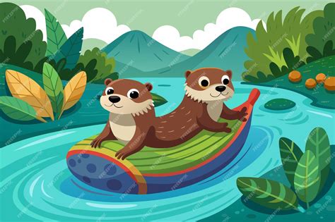 Premium Vector Two Otters Floating Down A Lazy River On A Leaf Boat