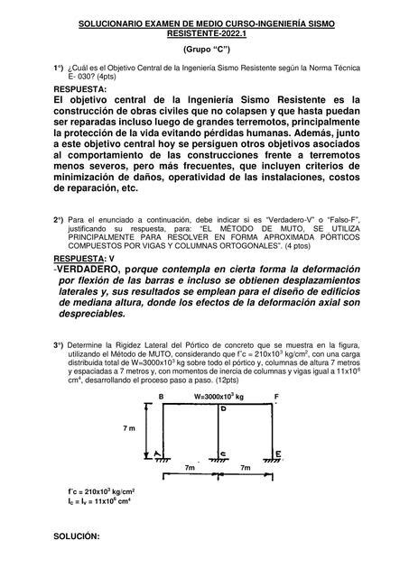 Solucionario De Examen Ingeniería Sismorresistente Apuntes De