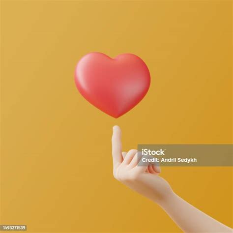노란색 배경에 부풀려진 하트 아이콘을 들고 있는 만화 손 3차원 형태에 대한 스톡 사진 및 기타 이미지 3차원 형태 Charity Benefit 개념 Istock