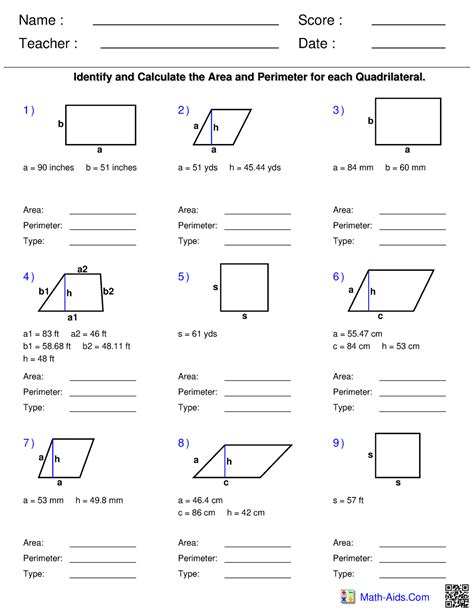 Area And Perimeter Of Quadrilaterals 1 Name Teacher Date Score