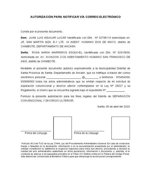 Autorización Para Notificar Vía Correo Electrónico Pdf