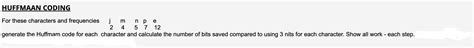 Solved HUFFMAAN CODING Generate The Huffmam Code For Each Chegg