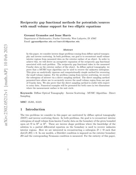 Pdf Reciprocity Gap Functional Methods For Potentialssources With Small Volume Support For