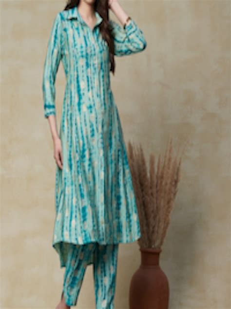 Buy Fashor Turquoise Blue Ethnic Foil Printed Panelled Kurta With