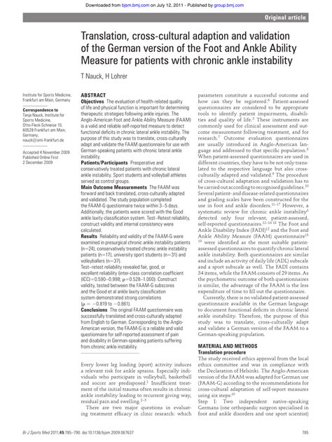 Pdf Translation Cross Cultural Adaption And Validation Of The German Version Of The Foot And